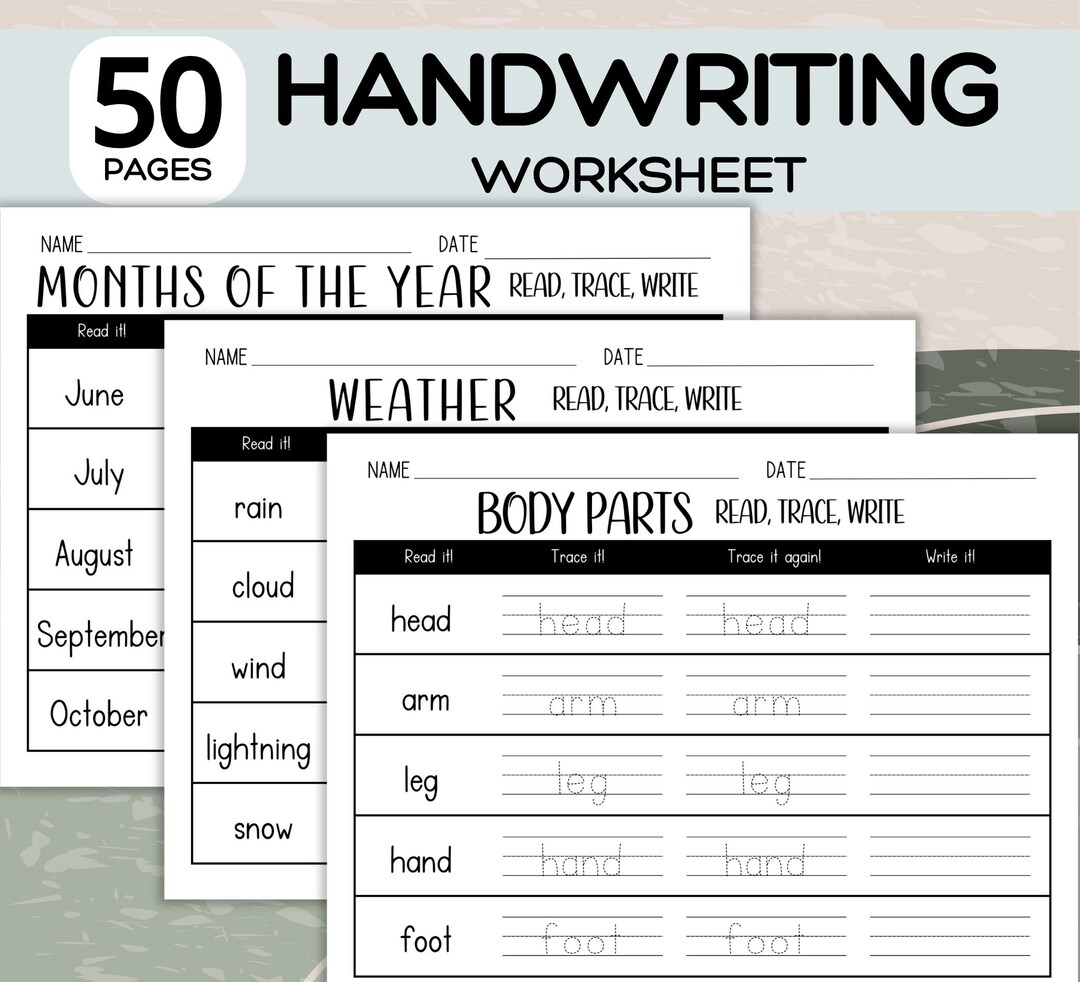 50 Page Handwriting Practice Worksheet for Kids; Trace and Write ...