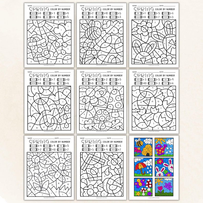 Spring Color by Number Printable; Kids Coloring Pages; Spring ...