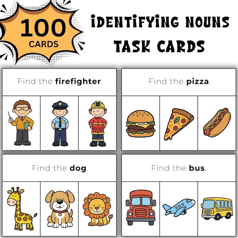 100 Identifying Nouns Task Cards; WH Question Clip Cards; Speech ...