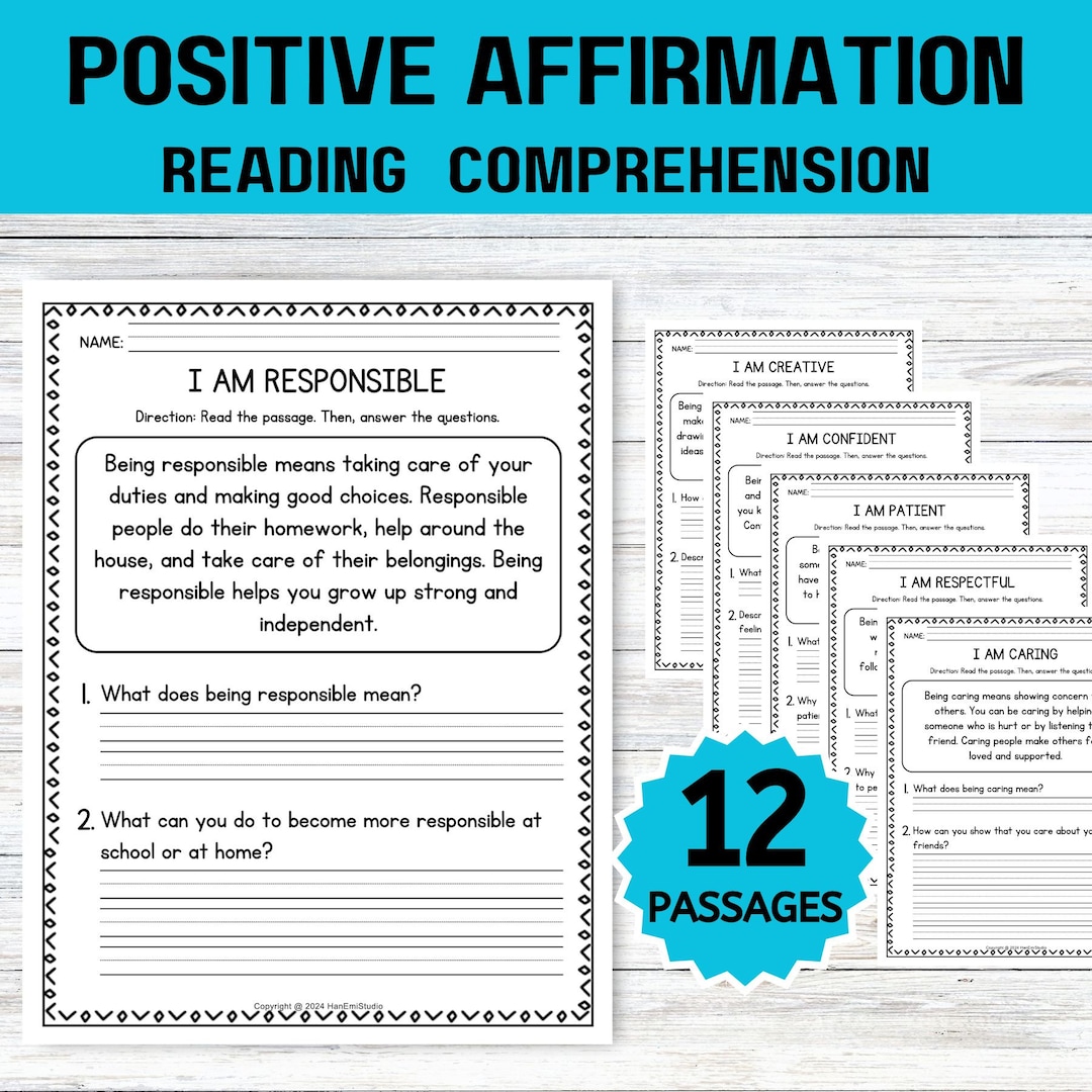 12 Positive Affirmation Reading Comprehension Worksheets; 1st Grade ...