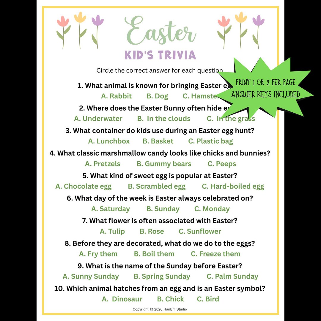 Easter Trivia Game for Kids Printable; Fun Spring Party Activity ...