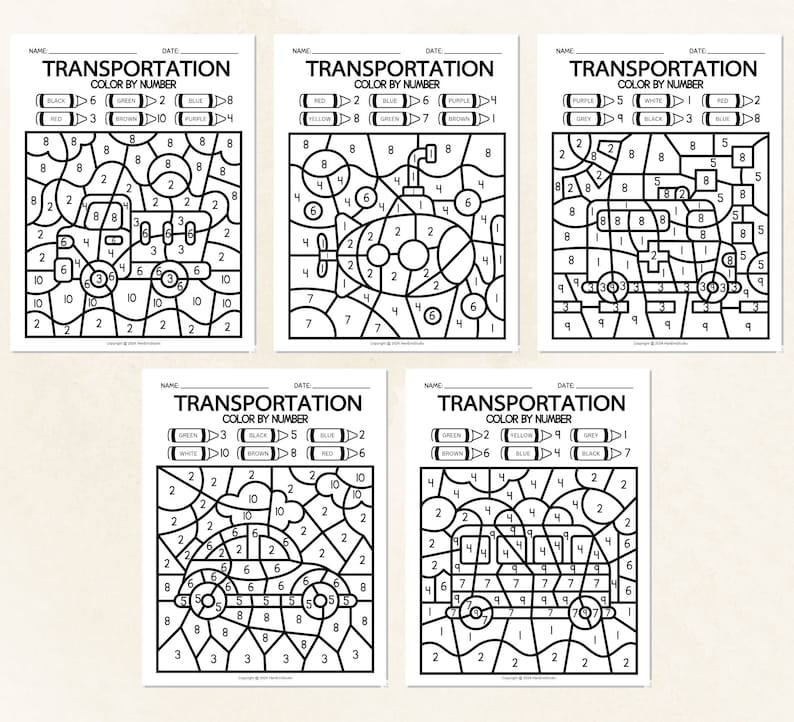 10 Page Transportation Color by Numbers (1 – 10); Coloring Page for ...
