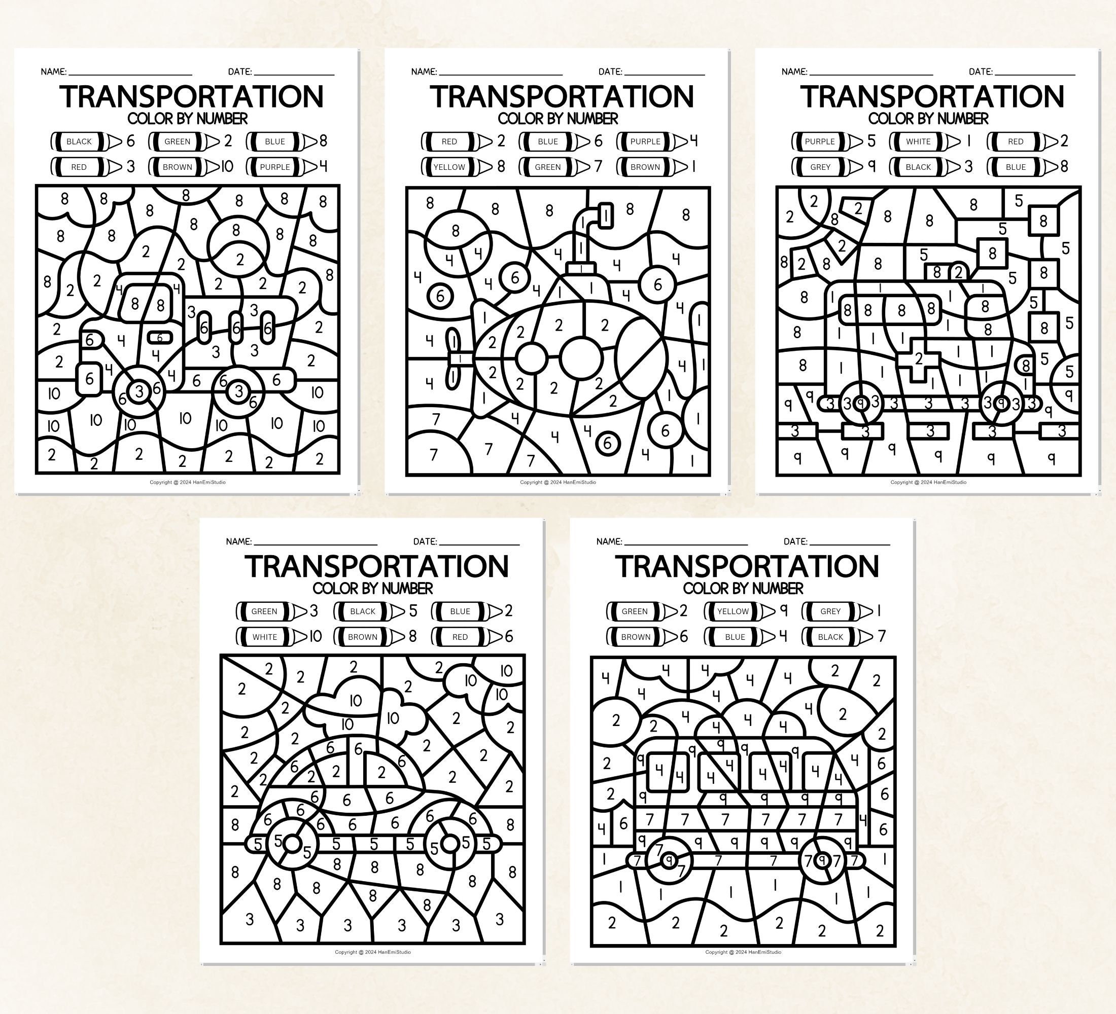 10 Page Transportation Color by Numbers (1 – 10); Coloring Page for ...