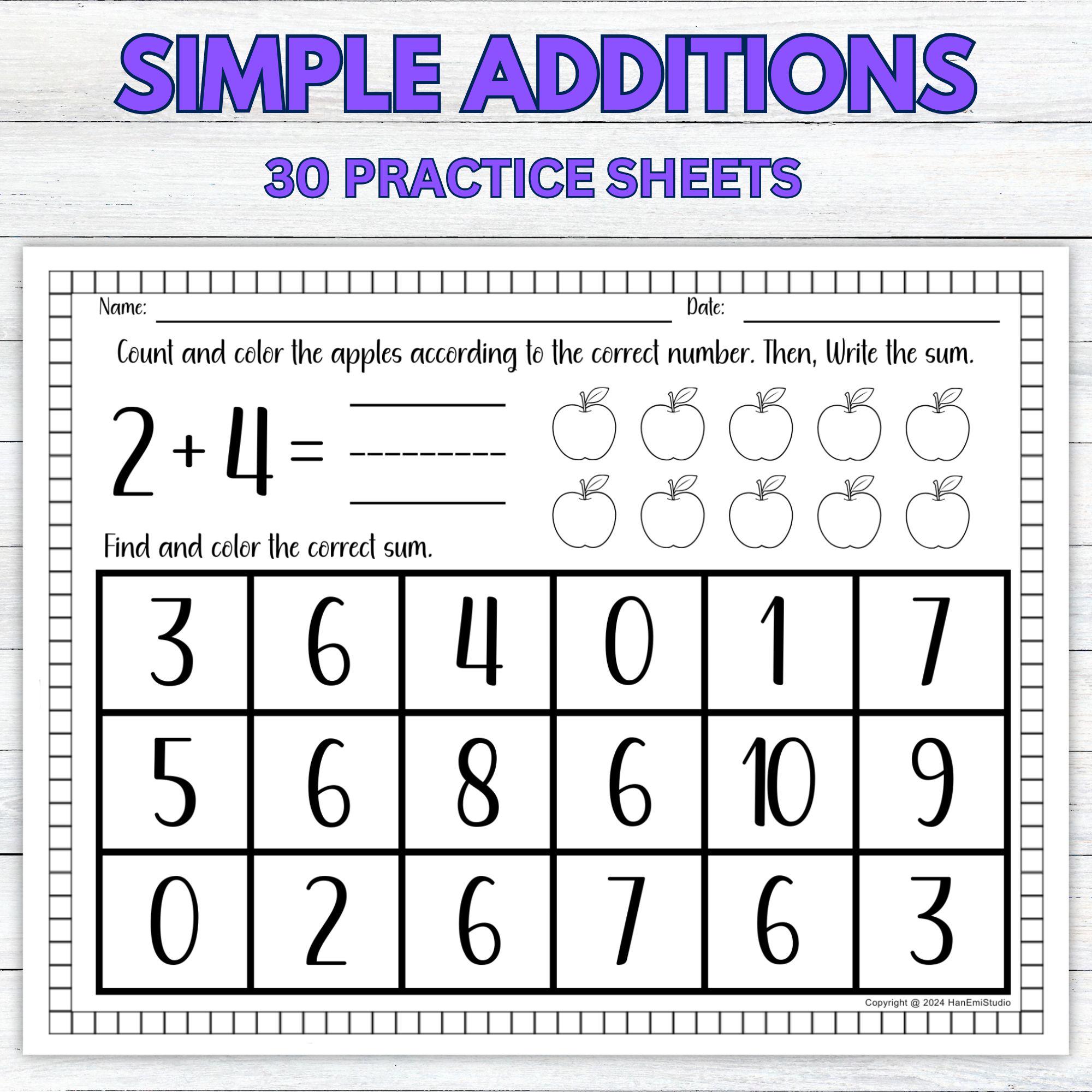 30-page Simple Addition Worksheets for Preschoolers and Kindergarteners ...