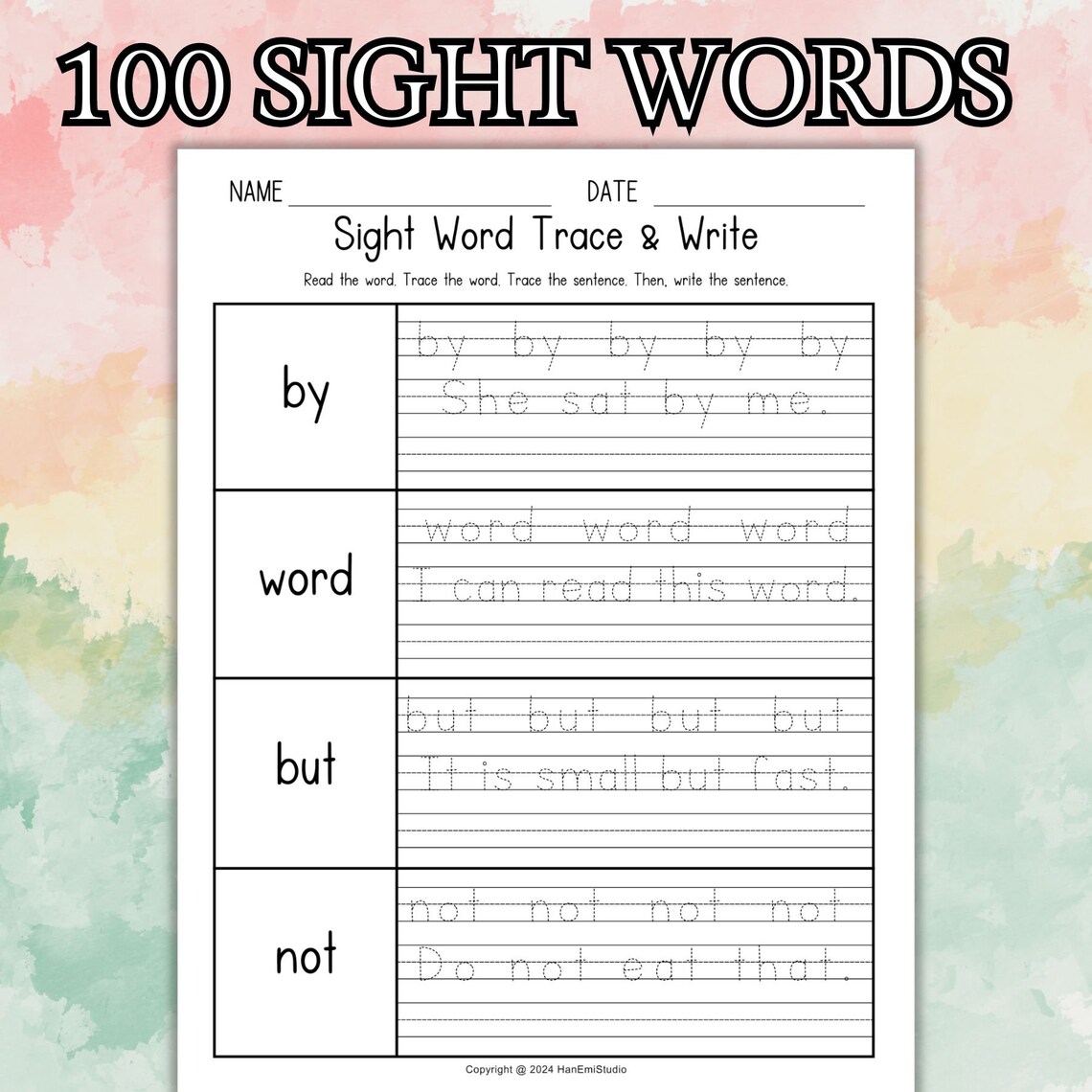 First 100 Sight Word Trace and Write Worksheet; Handwriting Practice ...