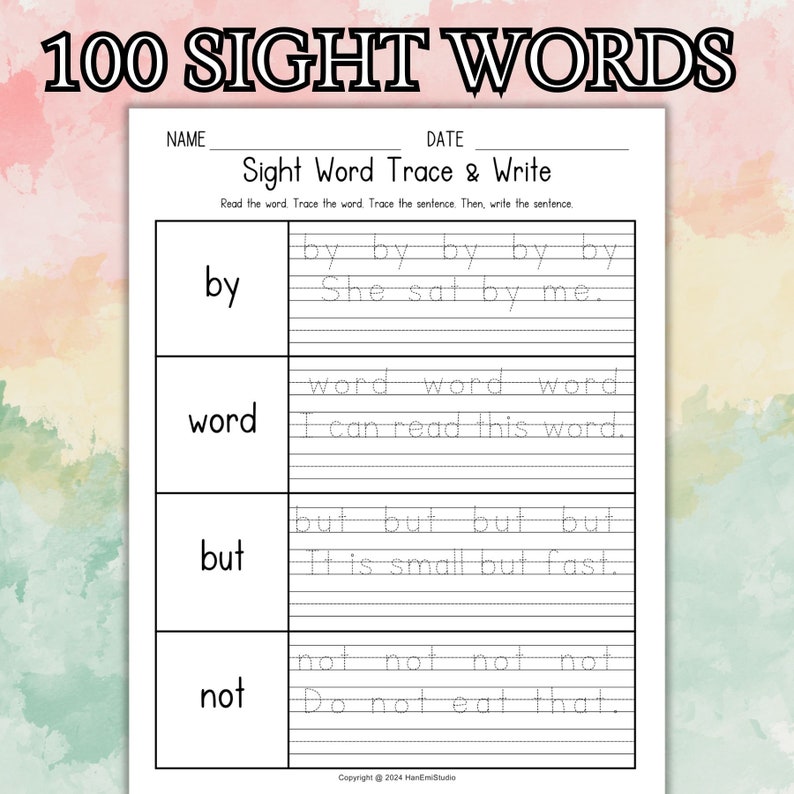 First 100 Sight Word Trace and Write Worksheet; Handwriting Practice ...