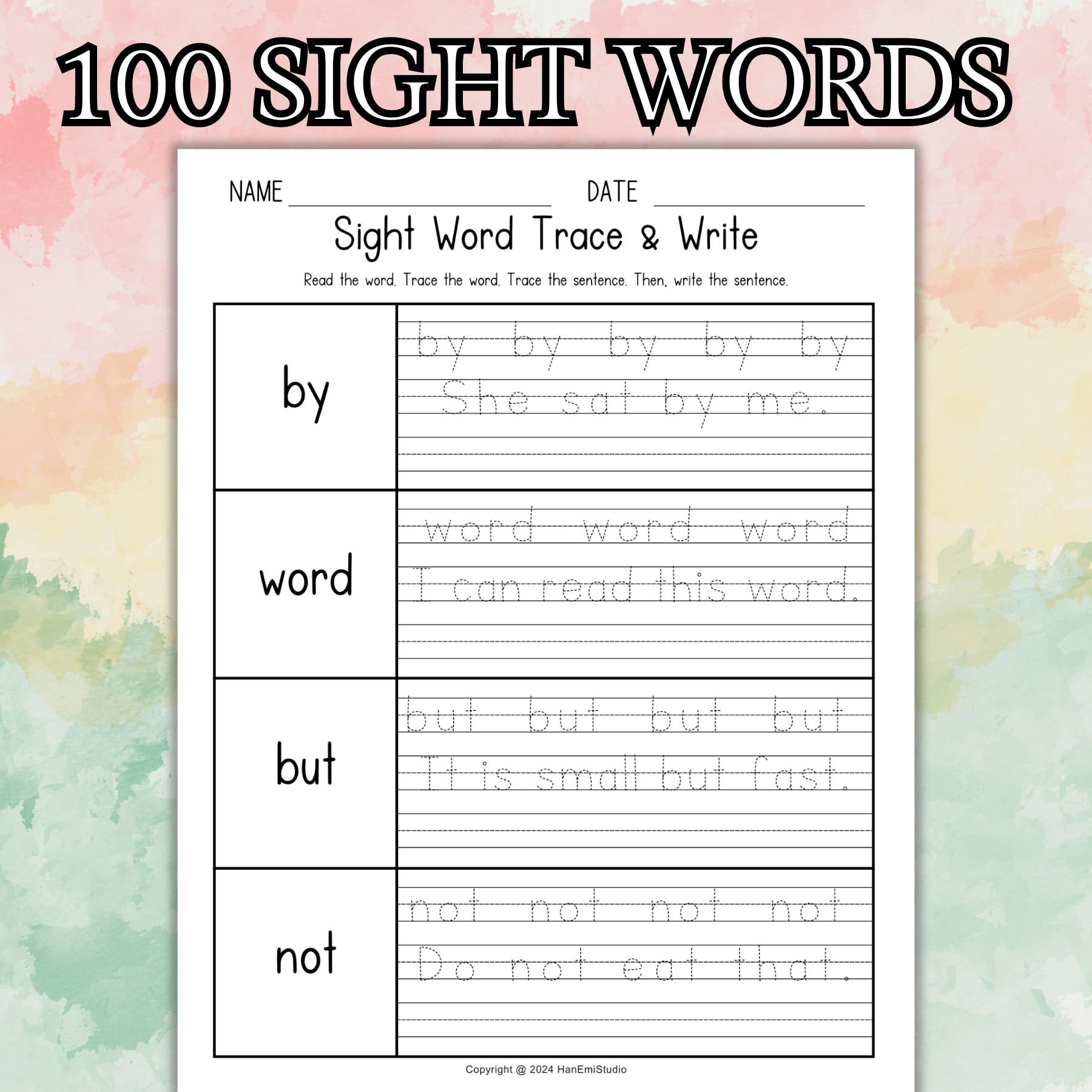 First 100 Sight Word Trace and Write Worksheet; Handwriting Practice ...