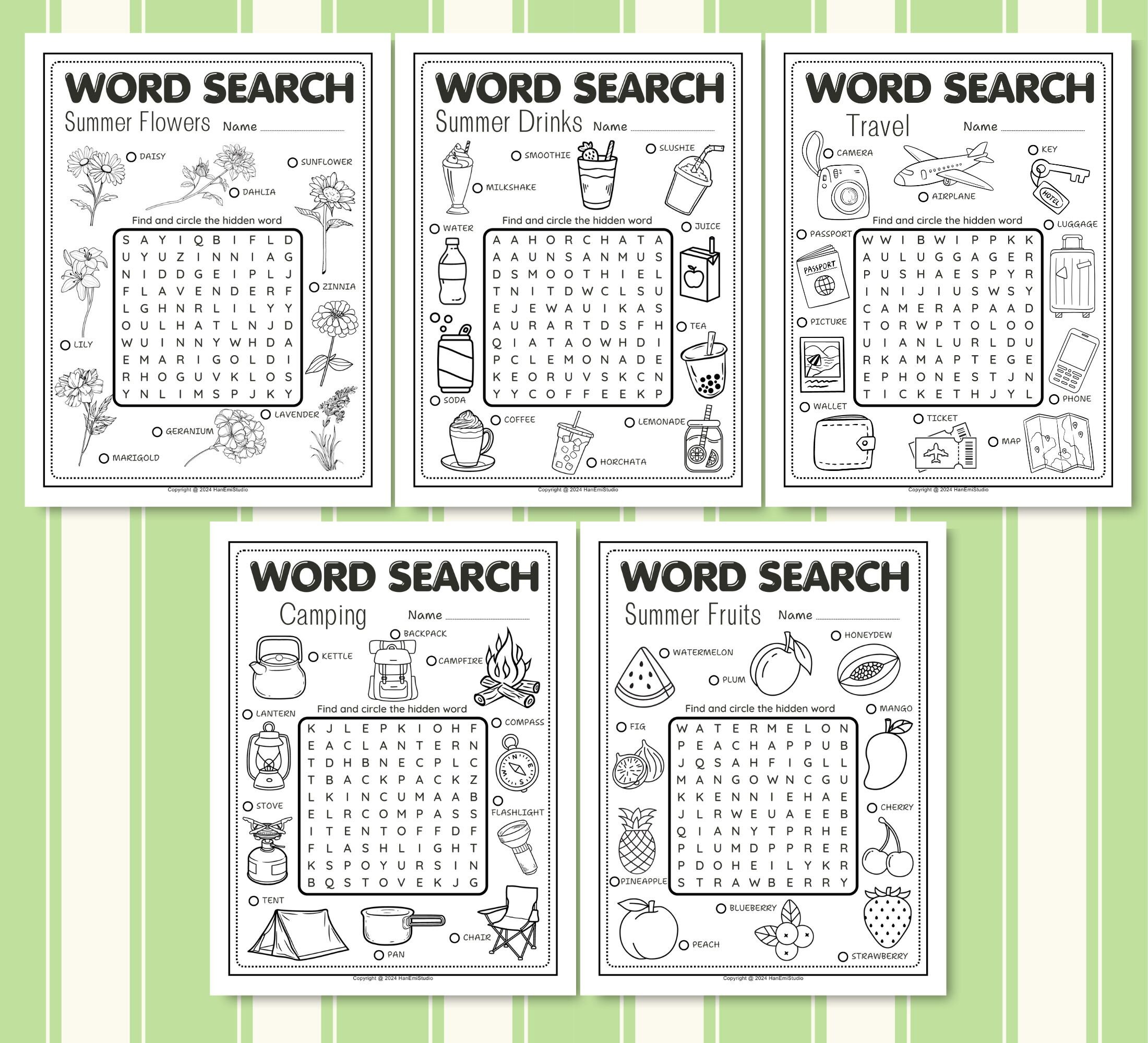 10-page Summer Word Search for Kids; Printable Word Search Pages; Kids ...