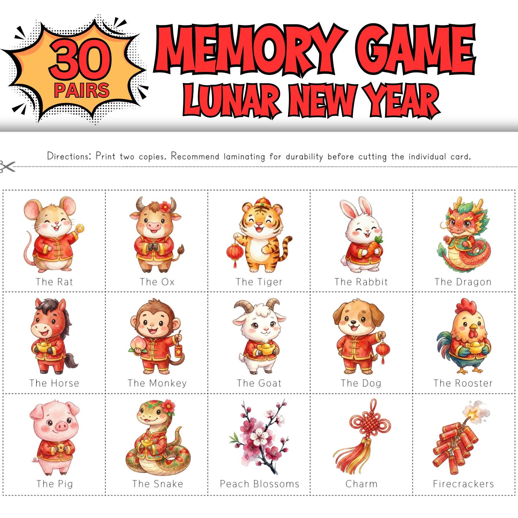 Lunar New Year Memory Game; 30 Pairs Printable Matching Cards; Chinese ...