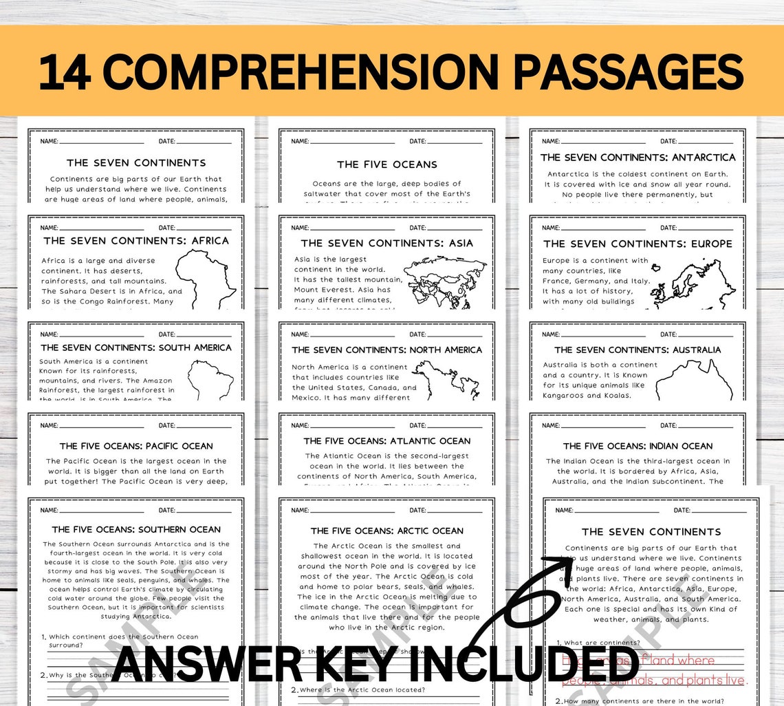 7 Continents and 5 Oceans Reading Comprehension Worksheets; Geography ...