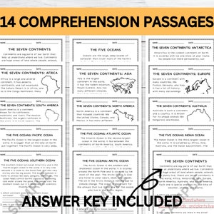 7 Continents and 5 Oceans Reading Comprehension Worksheets; Geography ...