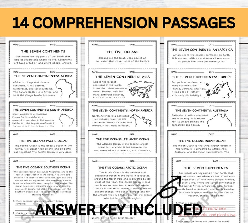 7 Continents and 5 Oceans Reading Comprehension Worksheets; Geography ...