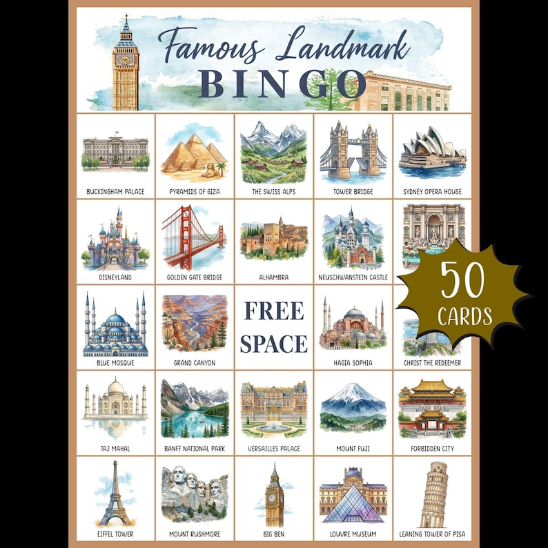 Famous Landmark Bingo Printable; World Travel Printable Game; Geography ...