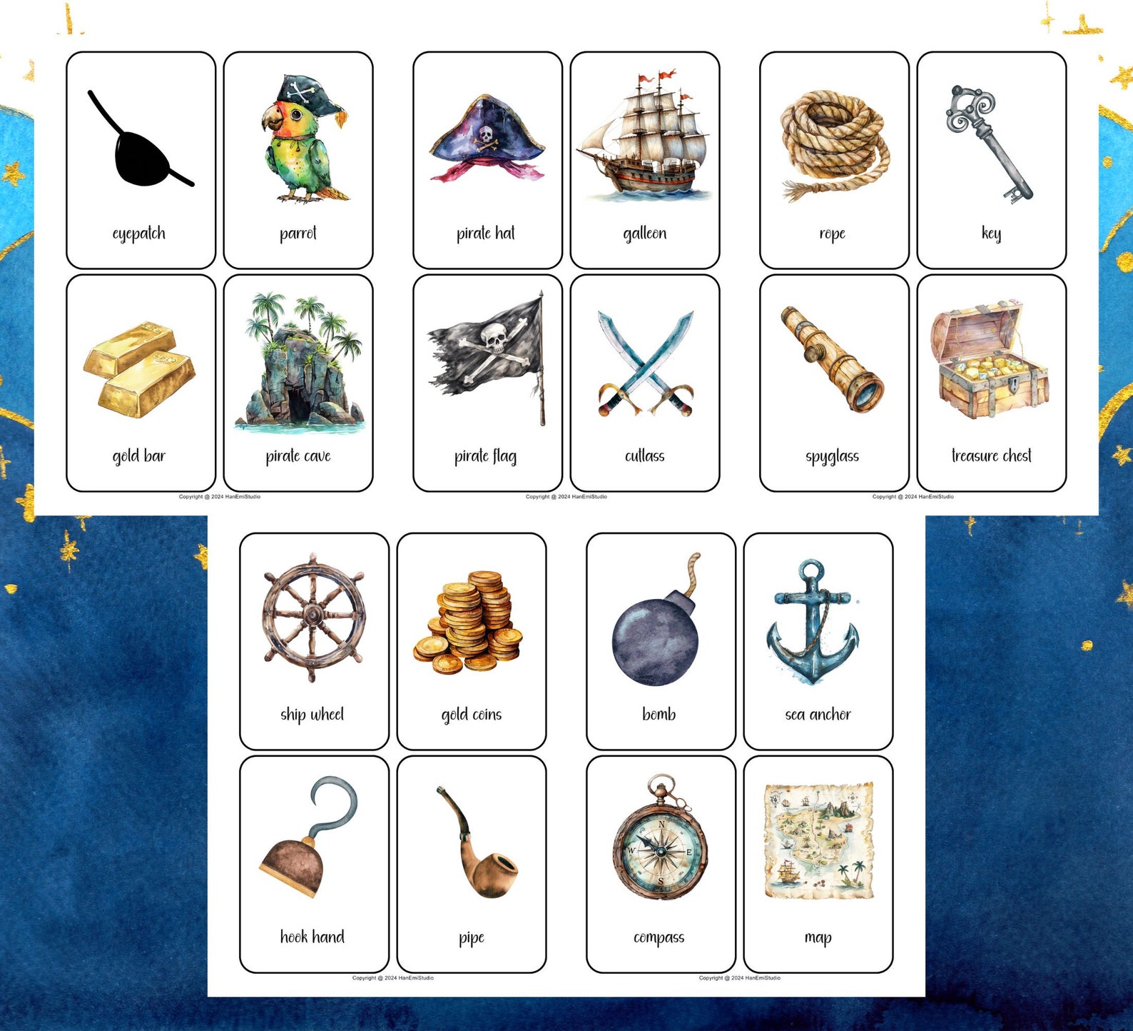 44 Watercolor Pirate Vocabulary Flashcards for Kids; Kids Learning ...