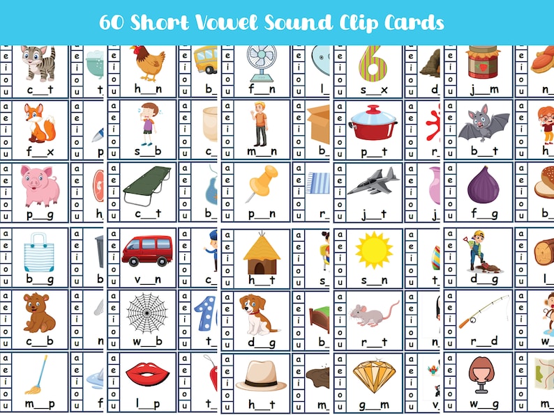 60 Short Vowel Sound Clip Cards; Short Vowel Sound Recognition; CVC ...