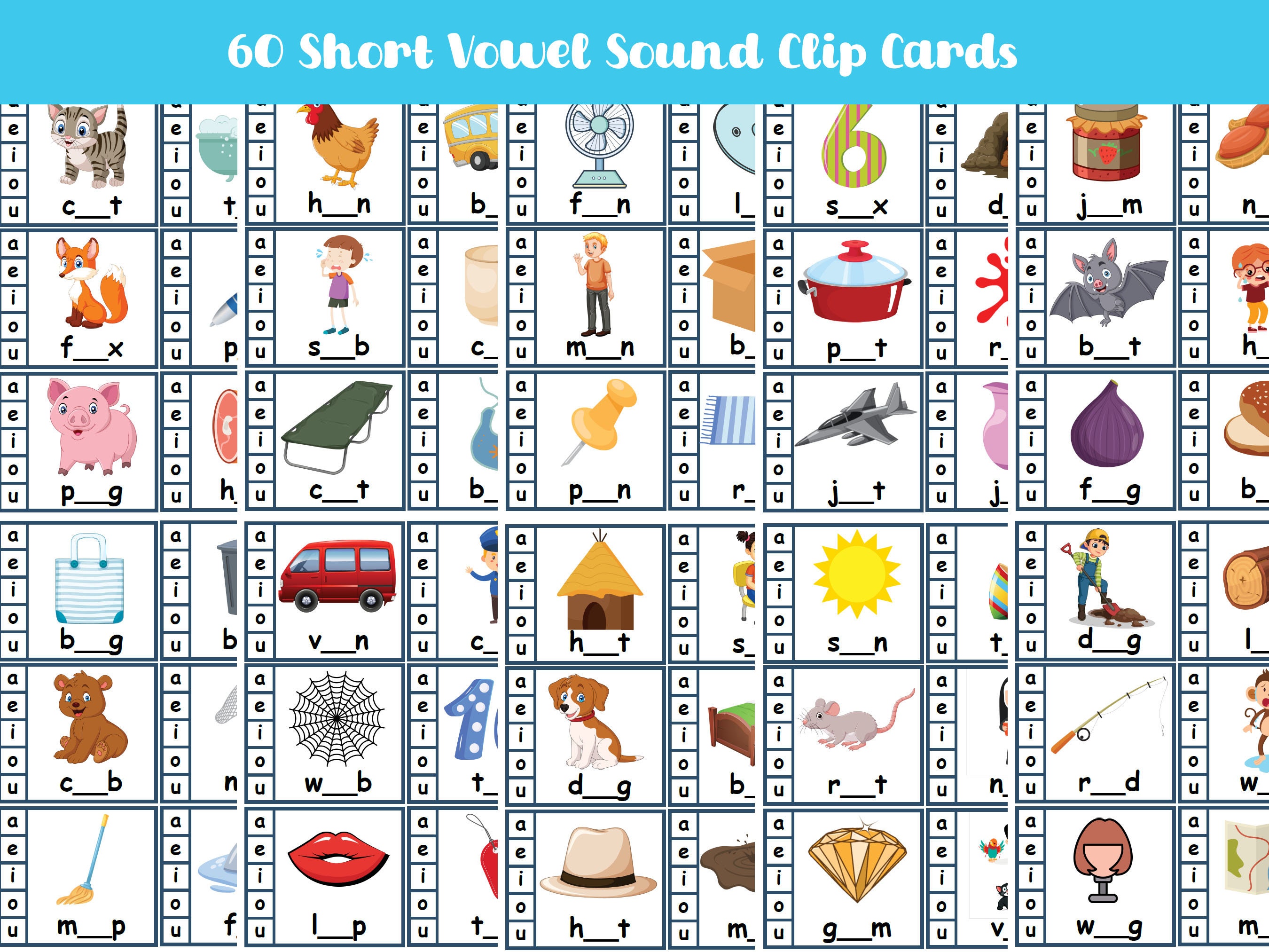 60 Short Vowel Sound Clip Cards; Short Vowel Sound Recognition; CVC ...