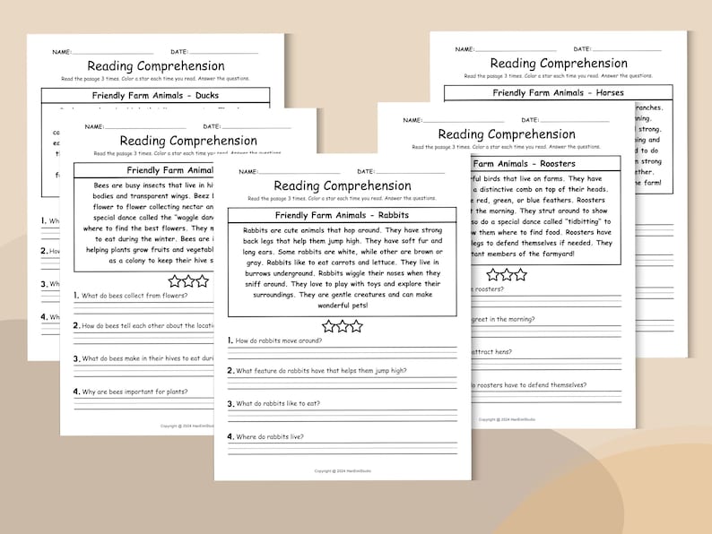 10 Reading Comprehension Worksheets About Friendly Farm Animals for ...