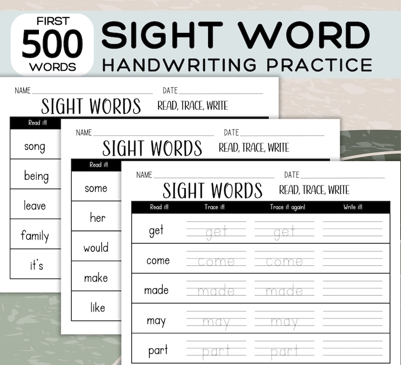 First 500 Sight Word Trace and Write Worksheet; Writing Practice Sheet ...