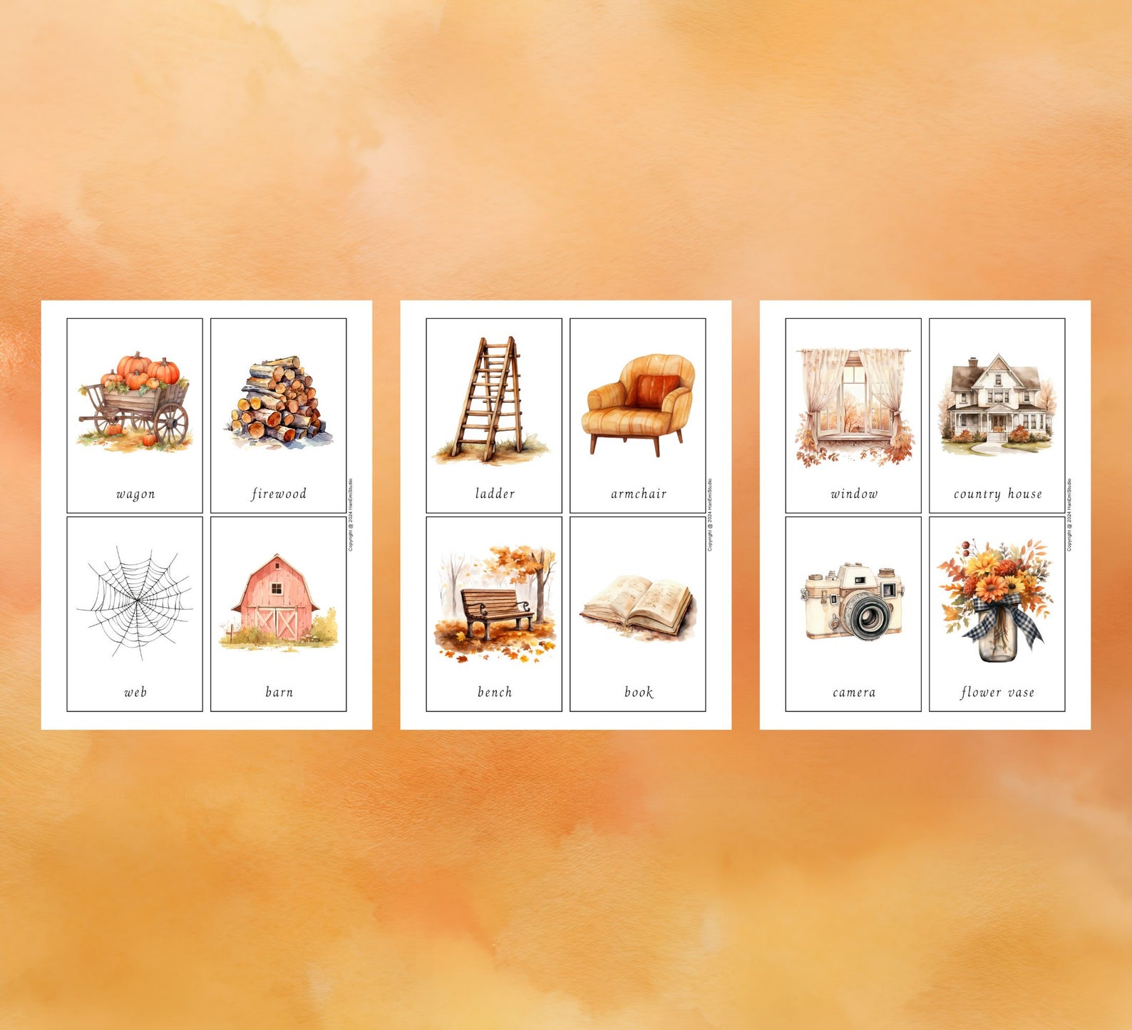 60 Watercolor Fall Vocabulary Flashcards for Kids; Kids Flashcards ...