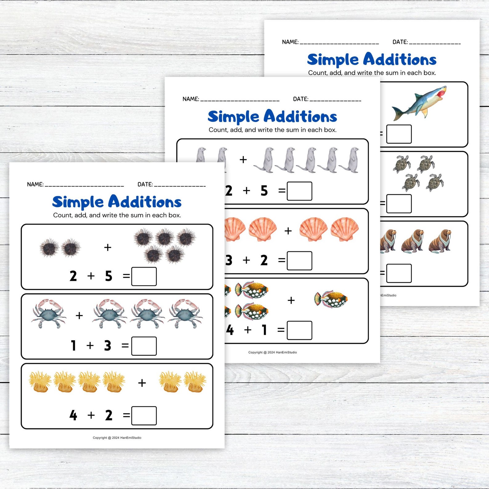 Sea Animal Simple Addition Worksheets for Preschoolers and ...