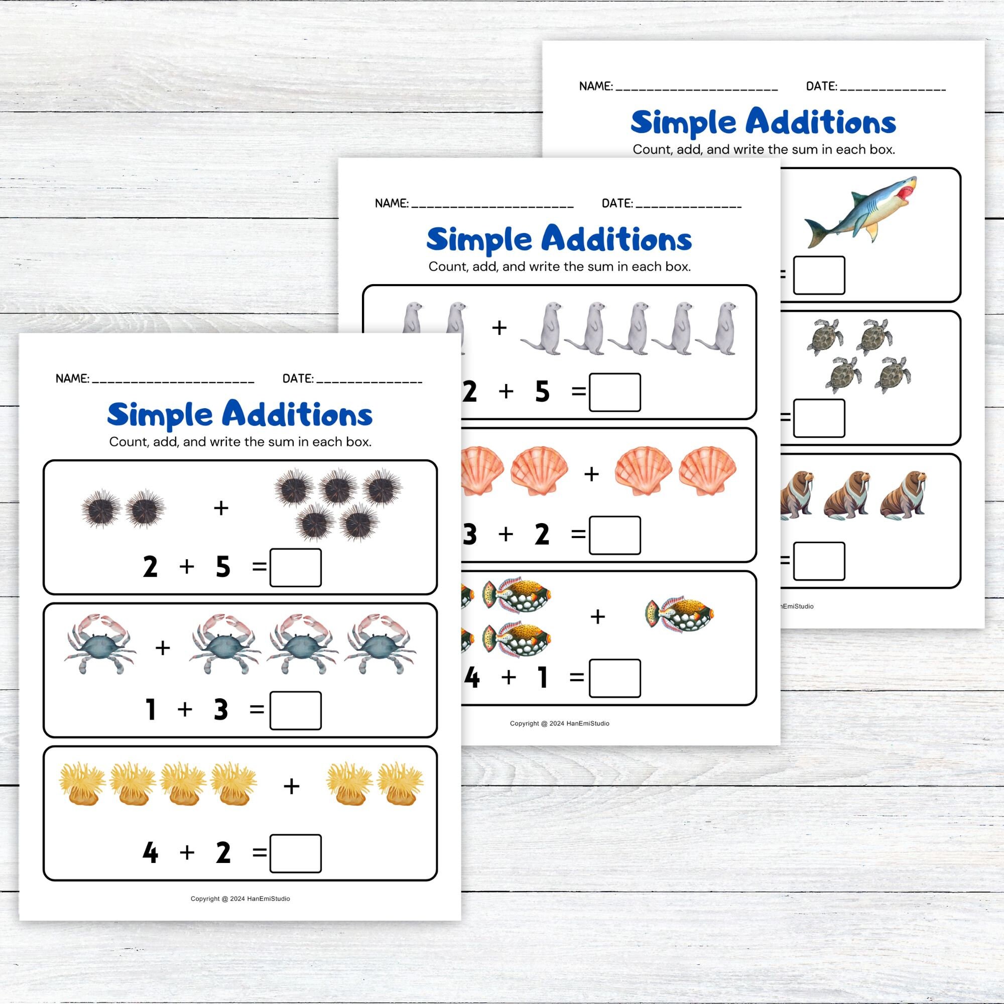Sea Animal Simple Addition Worksheets for Preschoolers and ...