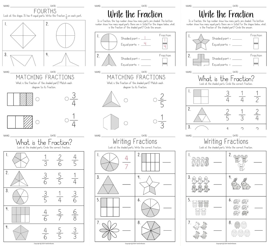 20 Page Fractions Worksheets; Math Worksheets for Kids; Fractions ...