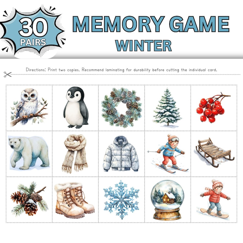 Winter Memory Game; 30 Pairs Printable Matching Cards; Winter Matching ...