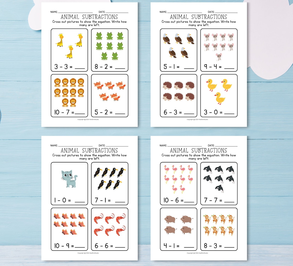 Animal Subtraction Worksheets Numbers 1 - 10 for Kindergarteners and ...