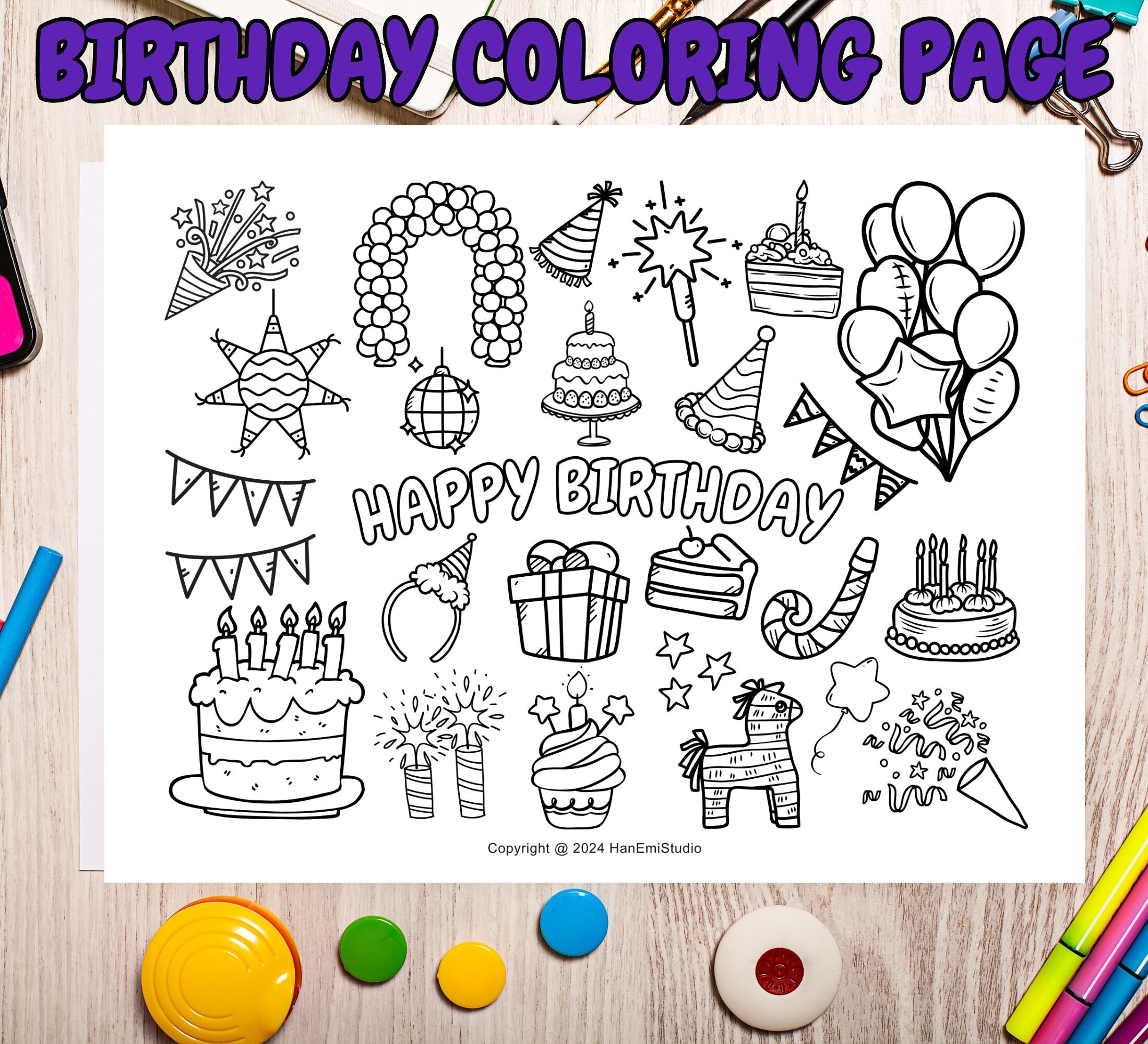 Birthday Coloring Page for Kids; Printable Coloring Book; Kids Coloring ...