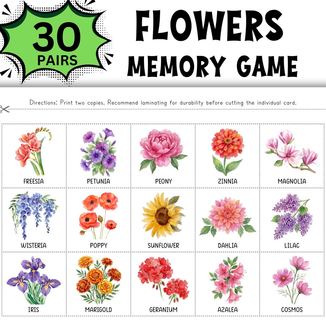Flowers Memory Match Game Printable; Botanical Matching Cards; Nature ...