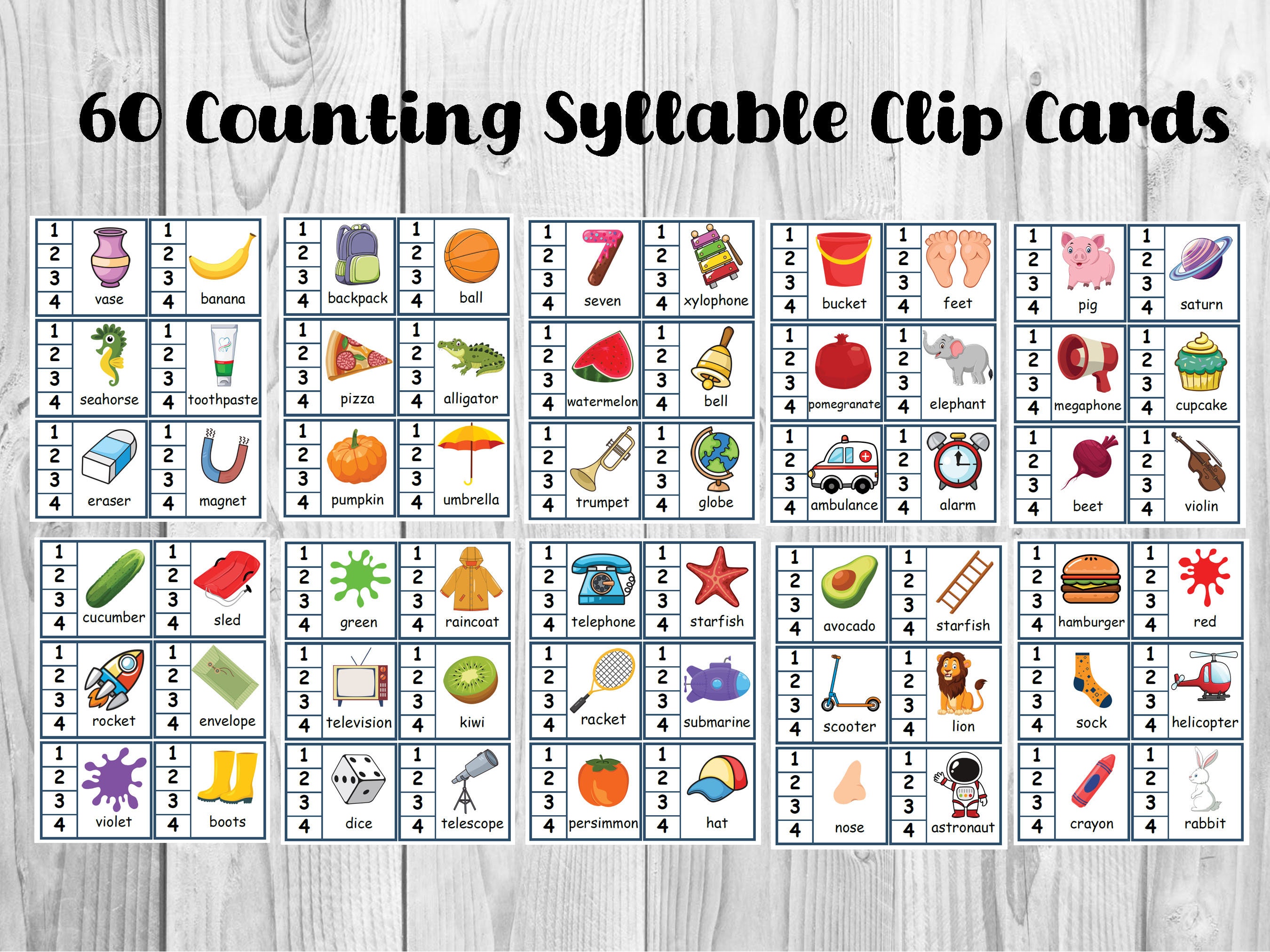 60 Counting Syllable Clip Cards, Counting Syllable Worksheet ...
