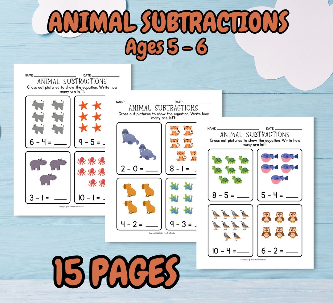 Animal Subtraction Worksheets Numbers 1 - 10 for Kindergarteners and ...