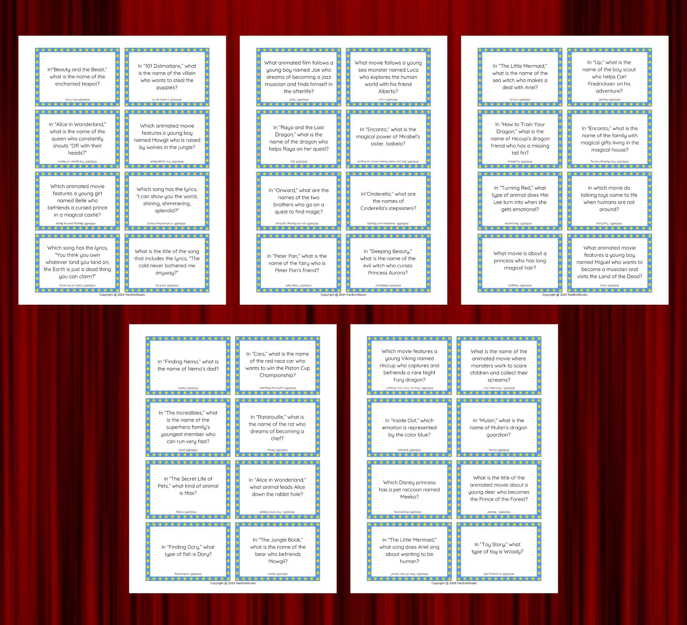 88 Kids Movie Trivia Cards Family Game Night Kids Trivia Game Travel ...