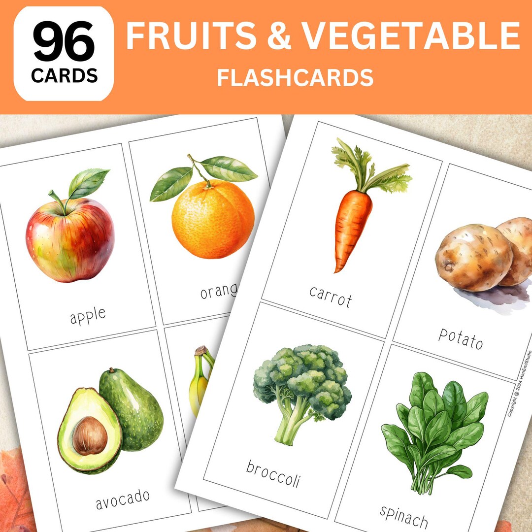 96 Watercolor Fruits and Vegetable Flashcards; Watercolor Flashcards ...