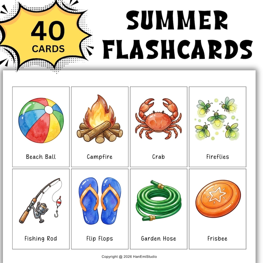 Summer Vocabulary Flashcards Printable; Toddler Vocabulary; Watercolor ...