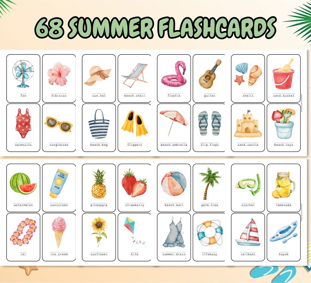 68 Watercolor Summer Vocabulary Flashcards for Kids, Kids Learning ...
