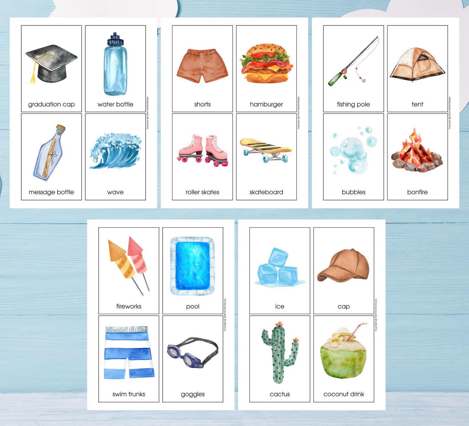 68 Watercolor Summer Vocabulary Flashcards for Kids; Kids Learning ...