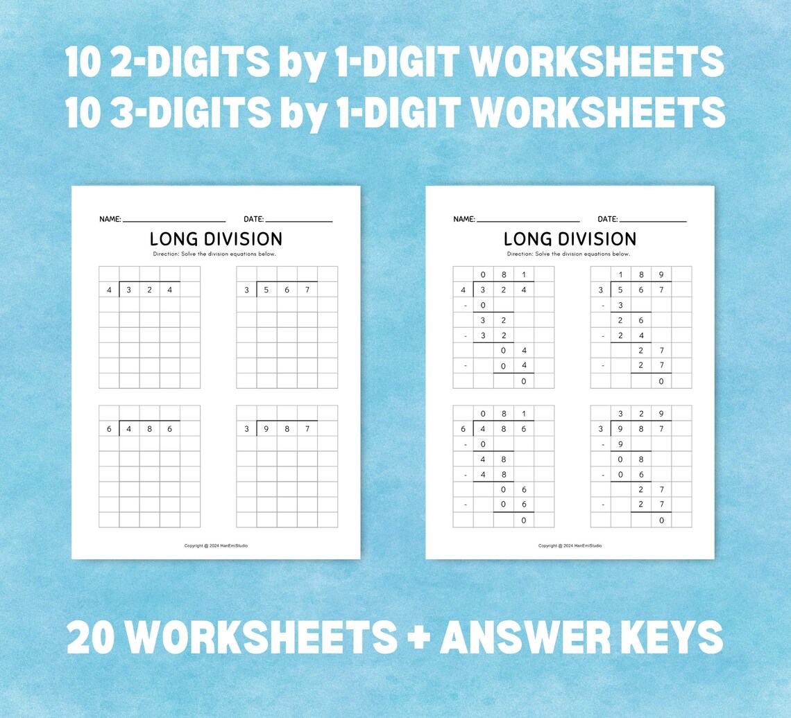 20-page Long Division Worksheets for 4th and 5th Graders; Printable ...