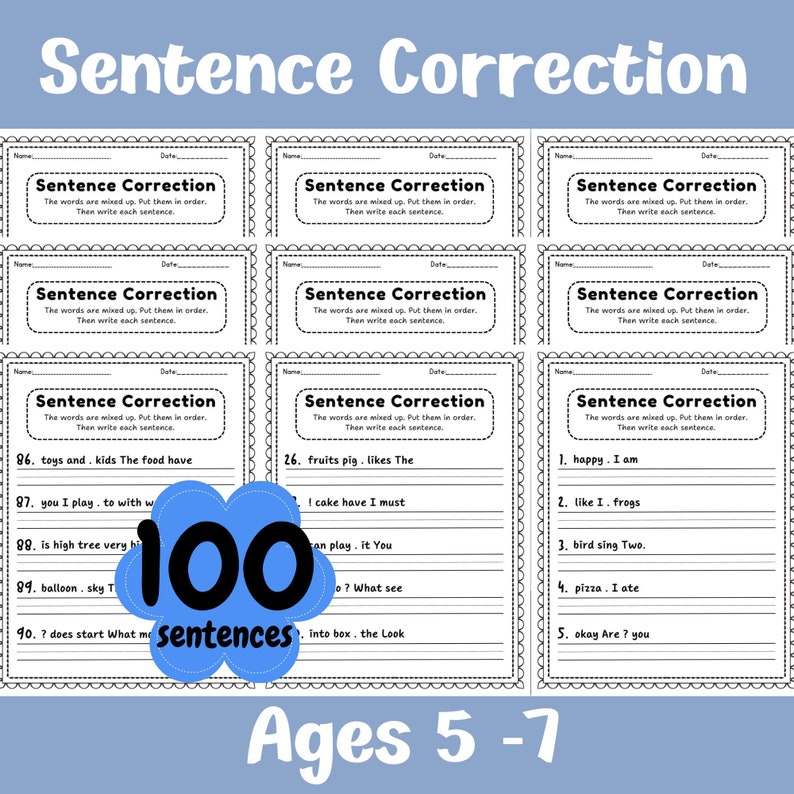 20 Sentence Correction Worksheets for Ages 5-7 (kindergarten, 1st Grade ...