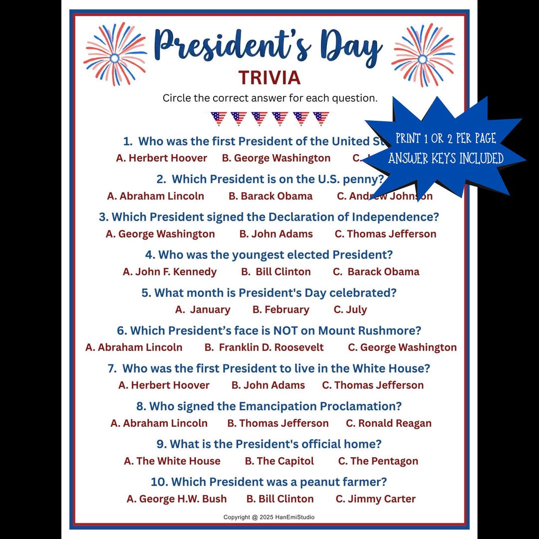 President's Day Trivia Game Printable; USA History Quiz for Kids ...