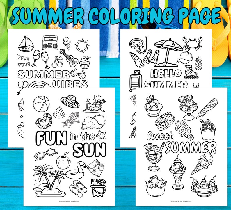 4 Summer Coloring Page for Kids; Printable Coloring Book; Kids Coloring ...