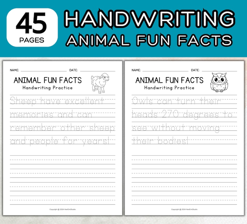 45 Page Animal Fun Facts Handwriting Worksheets; Handwriting Practice ...