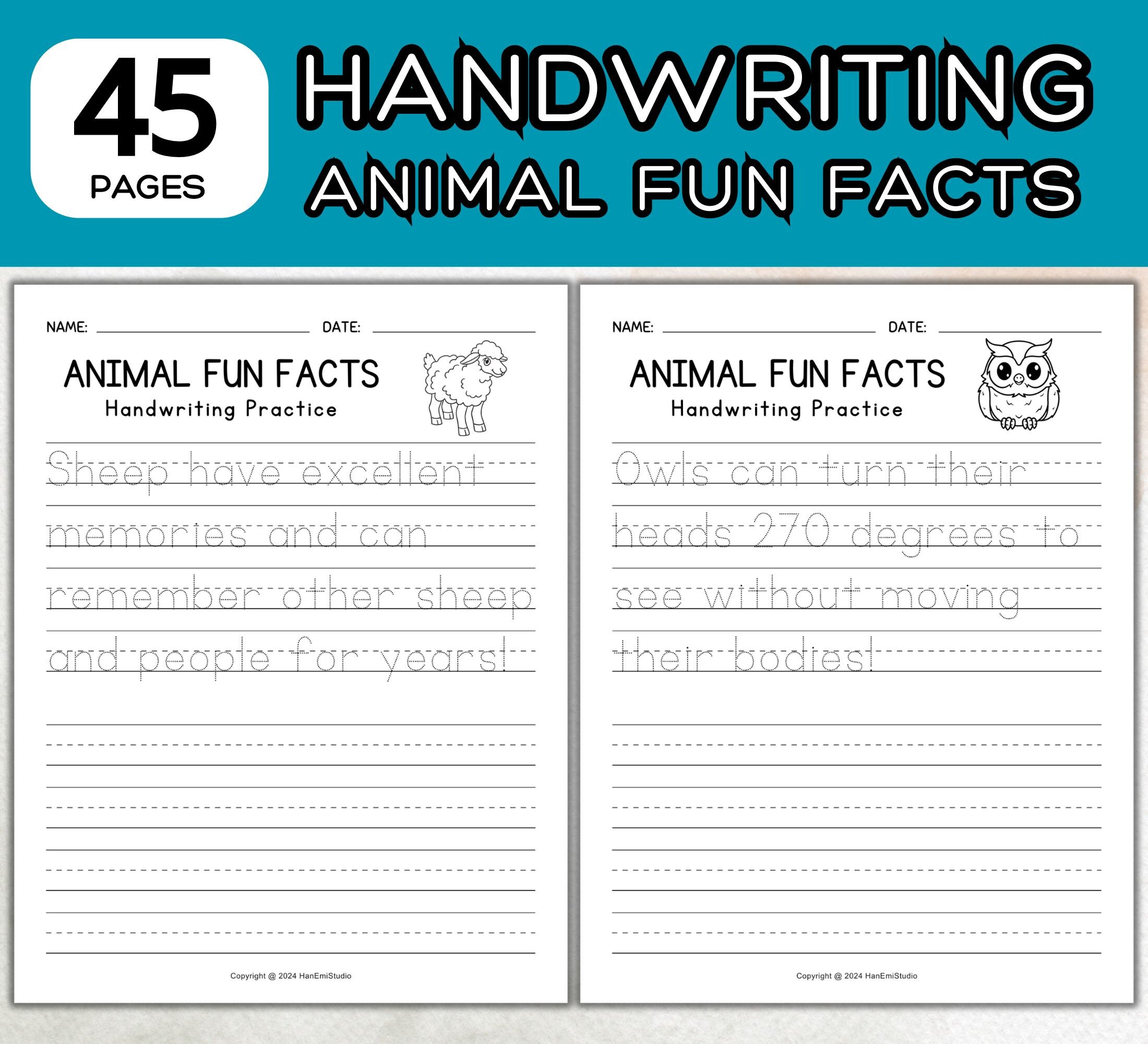 45 Page Animal Fun Facts Handwriting Worksheets; Handwriting Practice ...