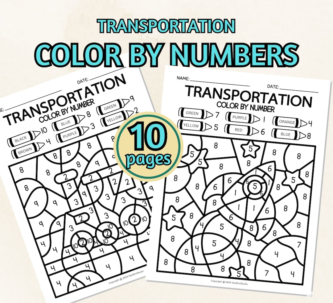 10 Page Transportation Color by Numbers (1 – 10); Coloring Page for ...