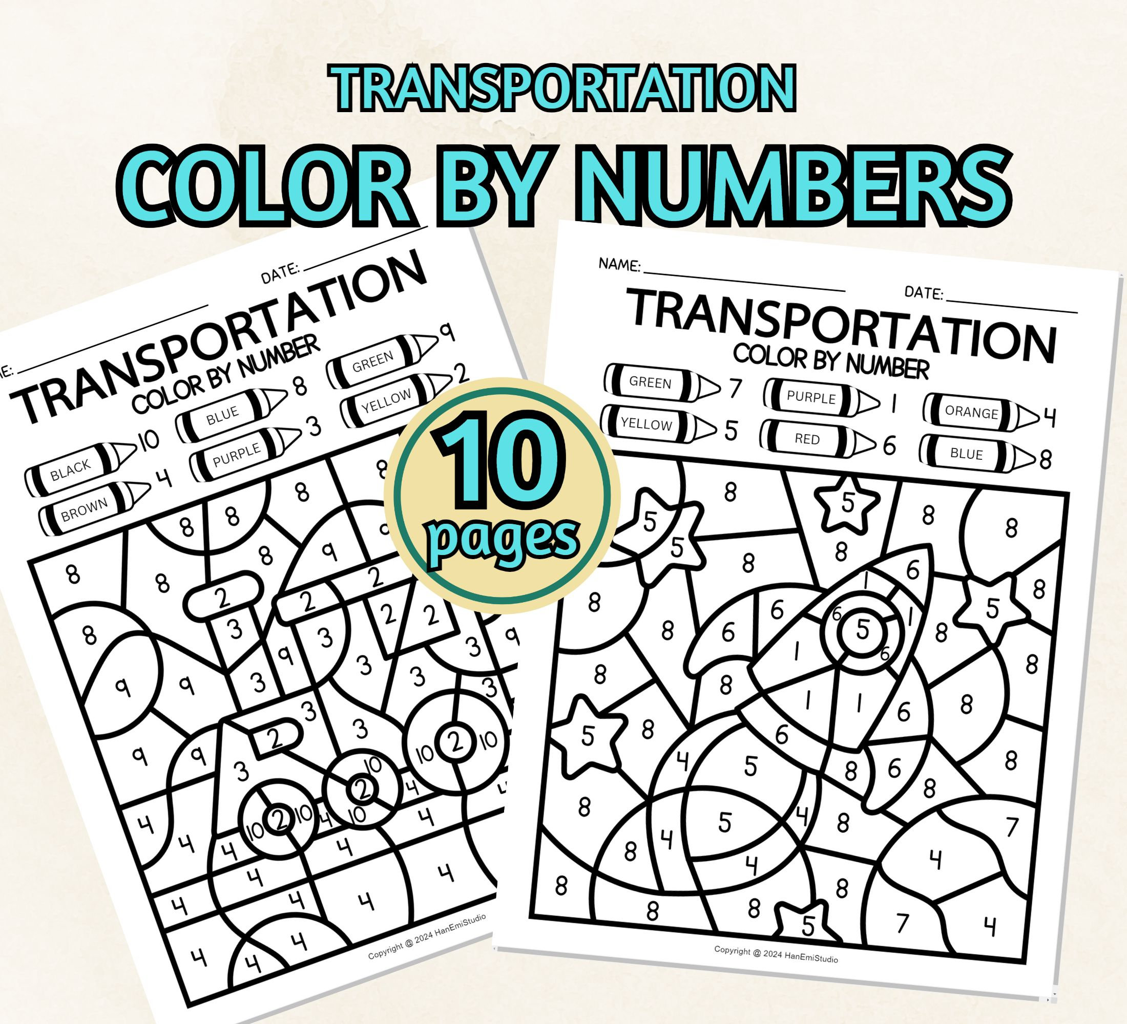 10 Page Transportation Color by Numbers (1 – 10); Coloring Page for ...