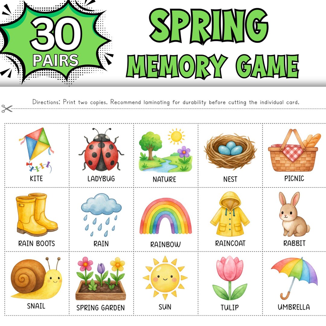Spring Memory Game; Watercolor Matching Cards for Kids; Printable ...