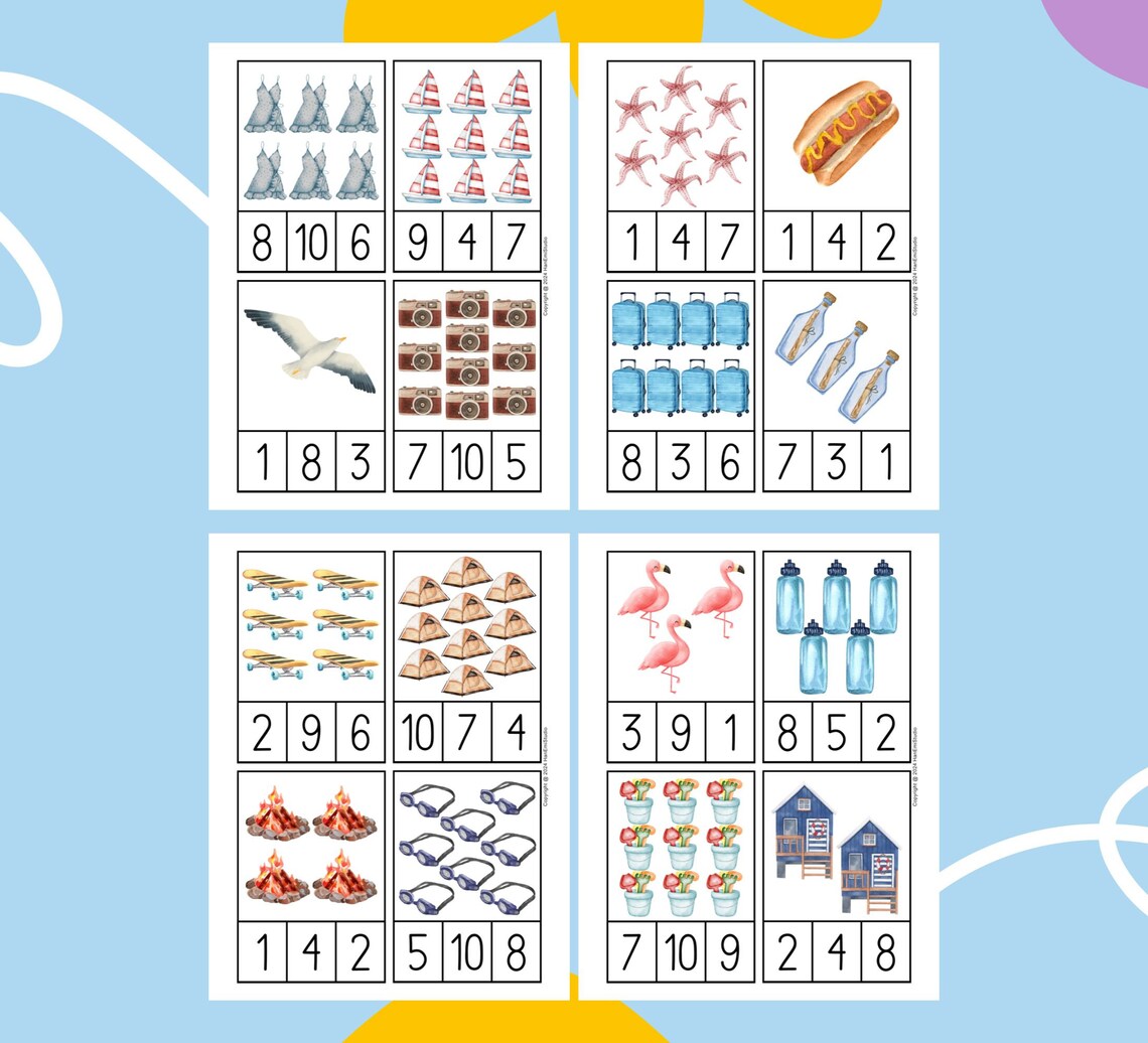 10-page Summer Counting Clip Cards Numbers 1 - 10 for Preschoolers and ...