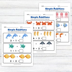 Sea Animal Simple Addition Worksheets for Preschoolers and ...