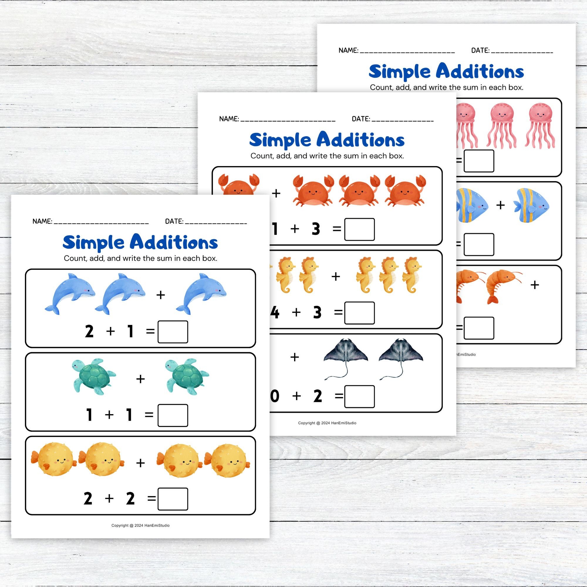 15-page Sea Animal Simple Addition Worksheets for Preschoolers and ...