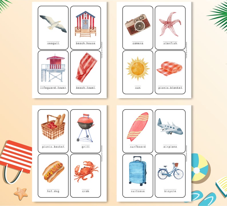 68 Watercolor Summer Vocabulary Flashcards for Kids, Kids Learning ...